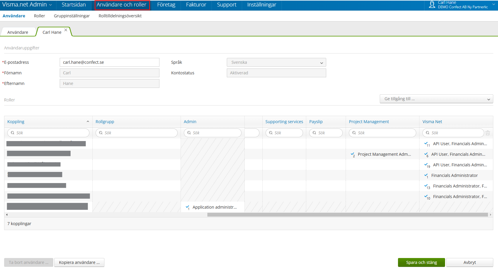 Lägga till och ta bort användare i Visma Admin samt förklaring av behörighetsroller